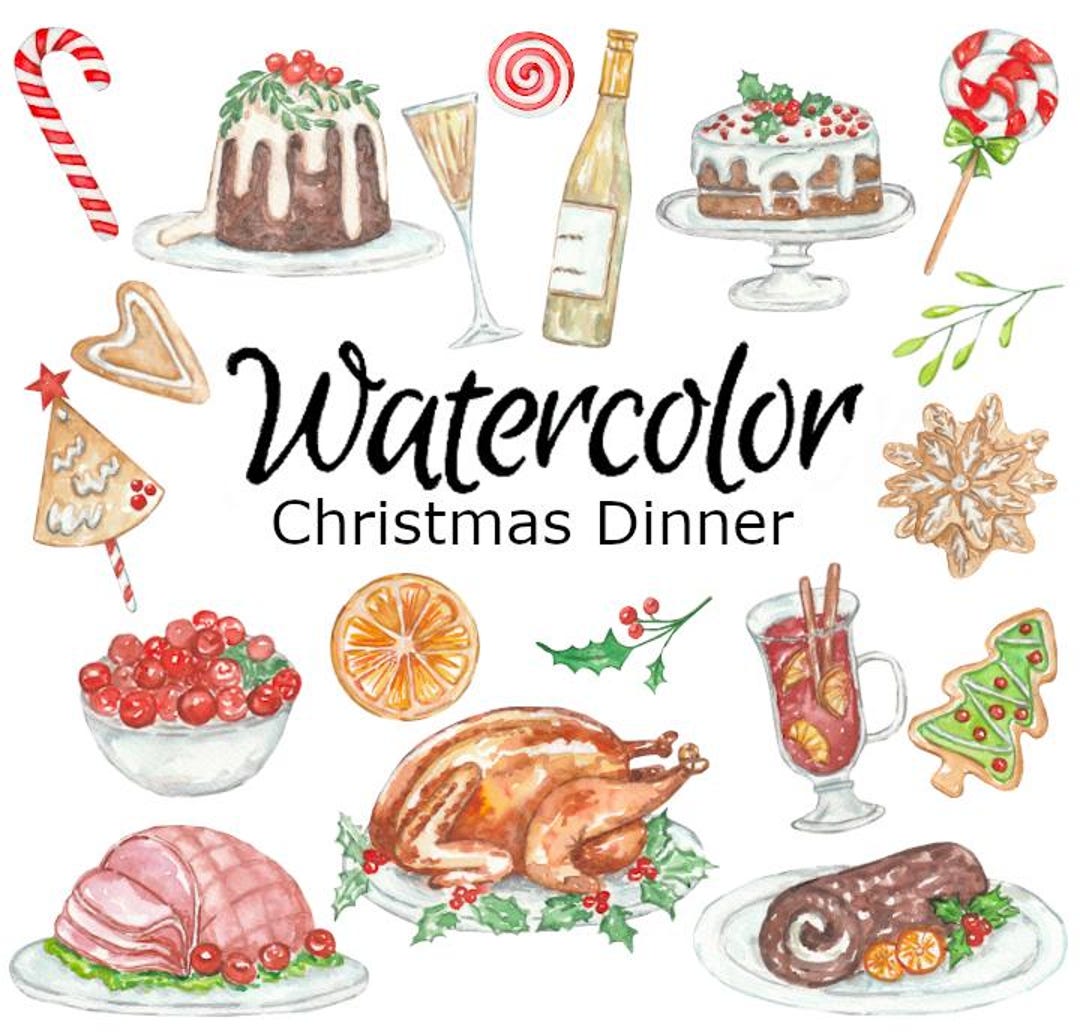 Watercolor Christmas Dinner Clipart: Festive Food Illustrations (PNG ...