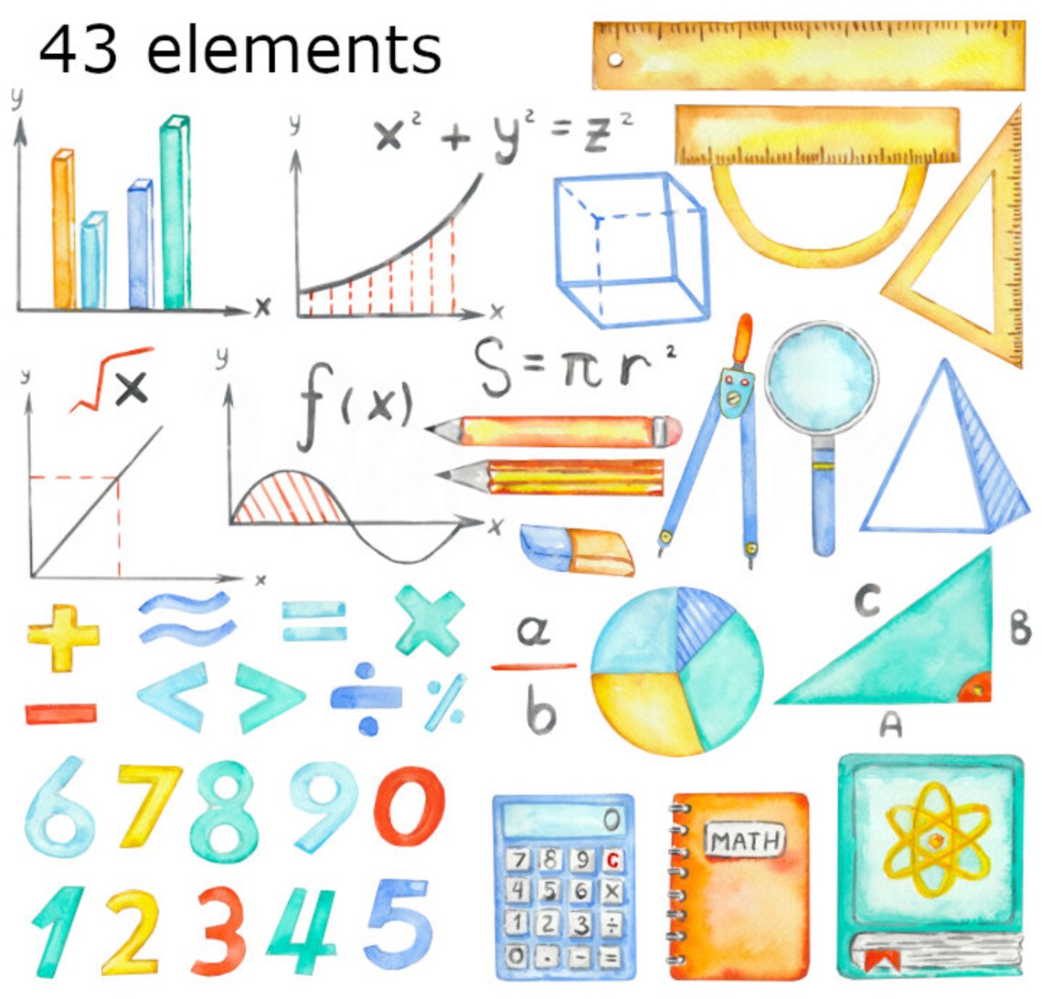 Watercolor Math Clipart: School Graphics, Science Art (PNG) - Etsy