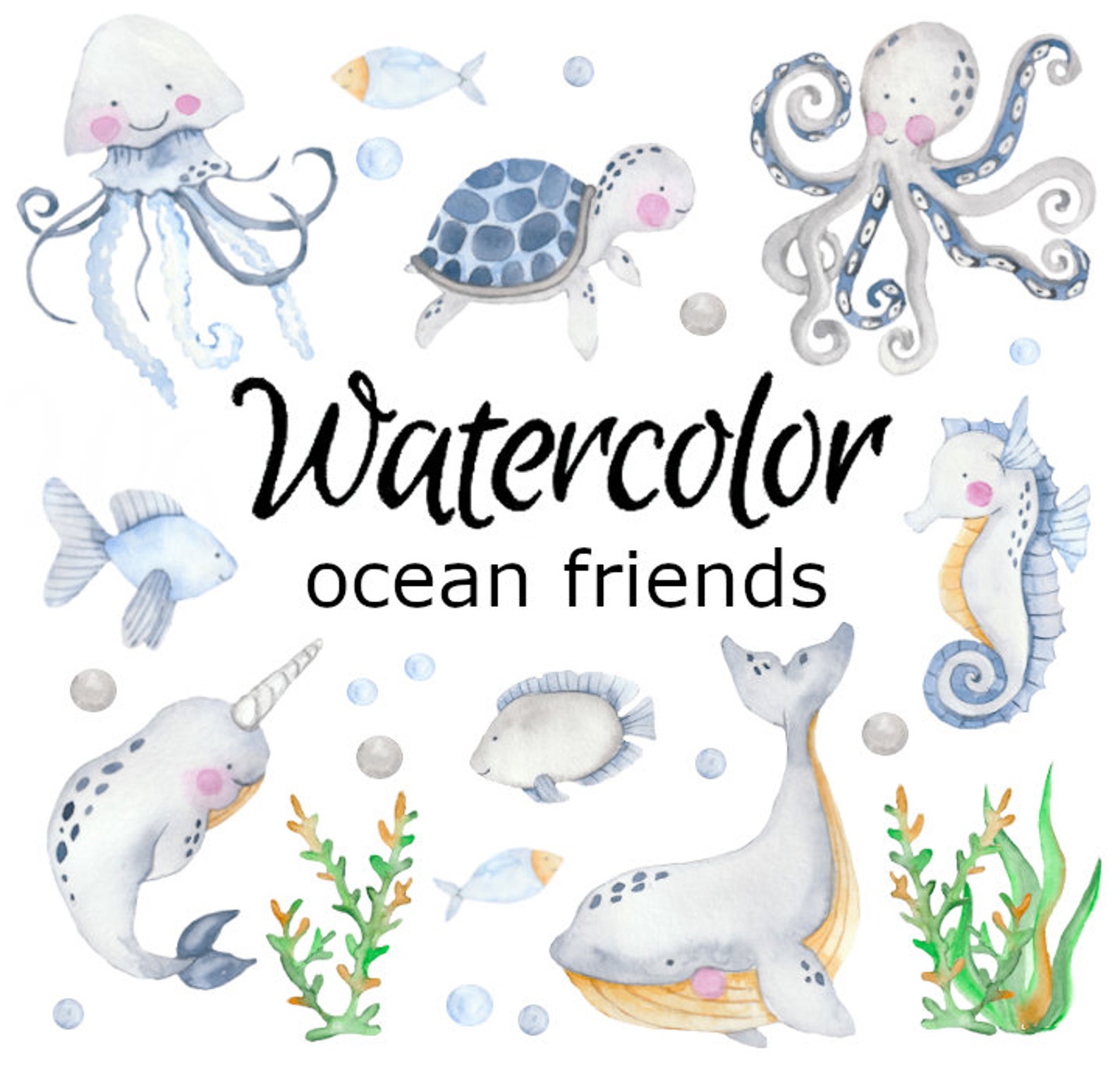 WATERCOLOR CLIPART Ocean Friends Clip Art Nature Scrapbooking - Etsy