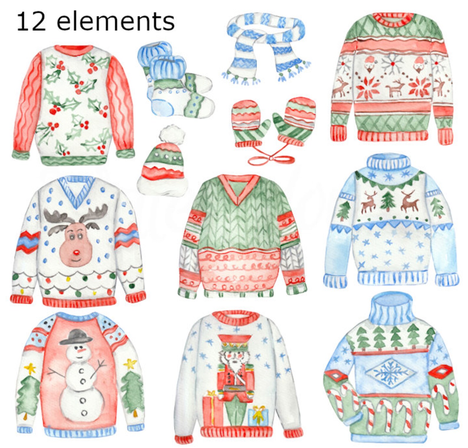 WATERCOLOR CLIPART, Ugly Christmas Sweaters on the Farm Scrapbooking ...