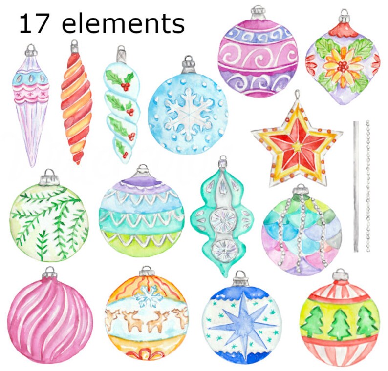 Watercolor Christmas Ornament Clipart: Hand-painted PNG Graphics ...
