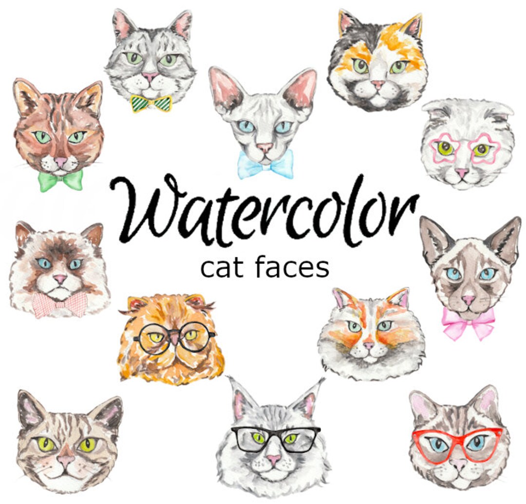 WATERCOLOR CLIPART Cat Faces Clip Art Scrapbooking Png, Graphics ...