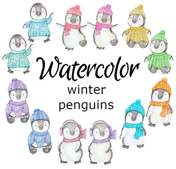 WATERCOLOR CLIPART Winter Penguins Christmas Scrapbooking | Etsy