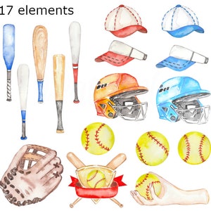 Watercolor Softball Clipart: Sport Art Graphics (PNG) - Etsy