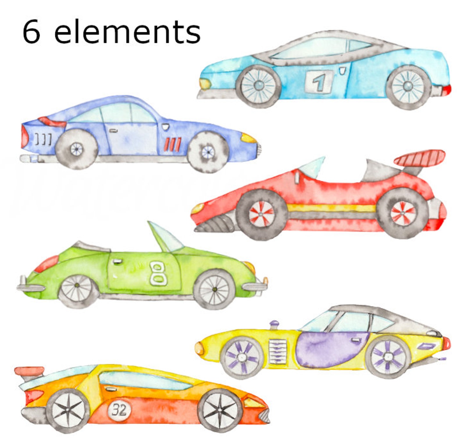 WATERCOLOR CLIPART Race Cars Vehicles Art Scrapbooking Png - Etsy