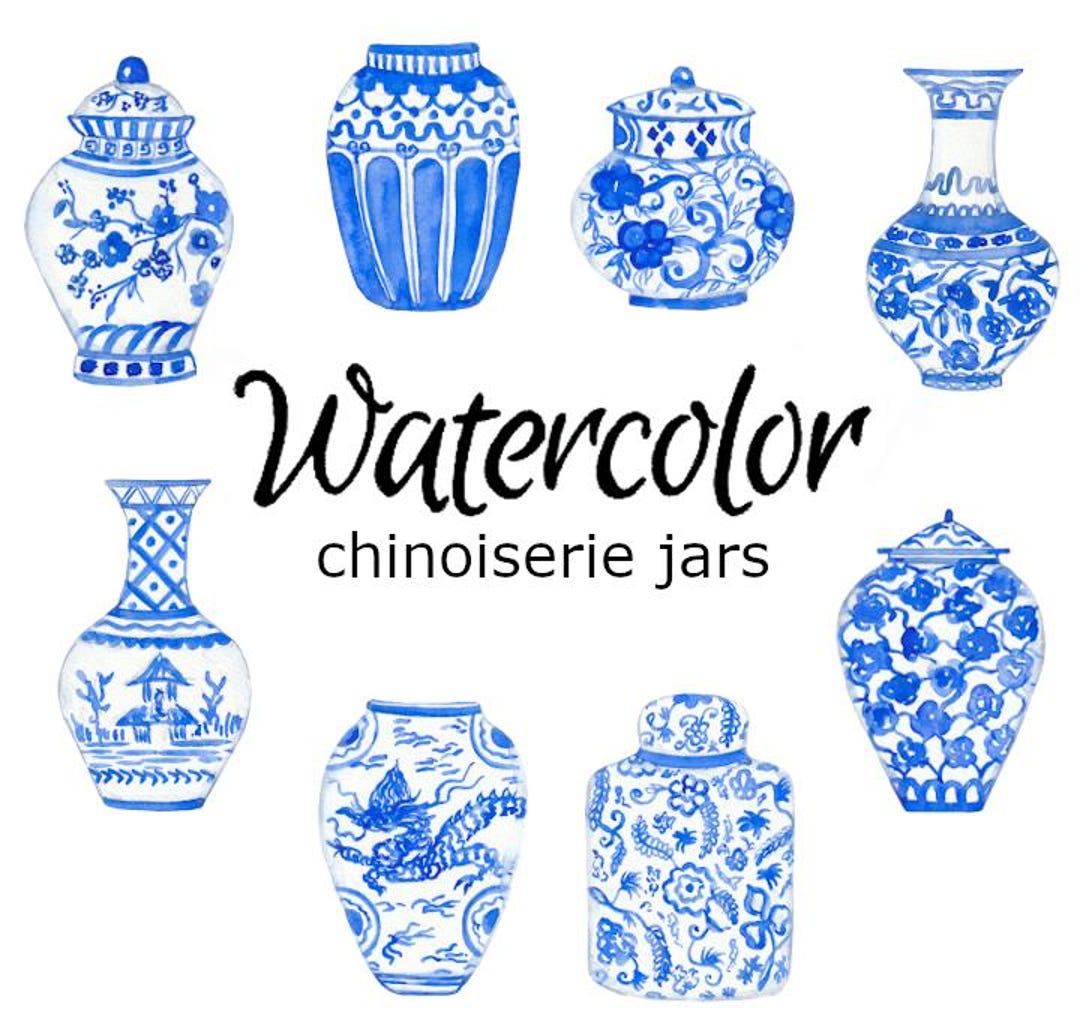 WATERCOLOR CLIPART, Chinoiserie Jars Scrapbooking Kitchen Png, Graphics ...