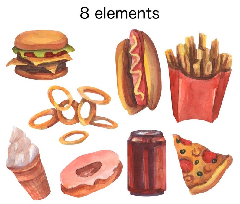 Watercolor Junk Food Clipart: PNG Graphics (digital Download) - Etsy Canada