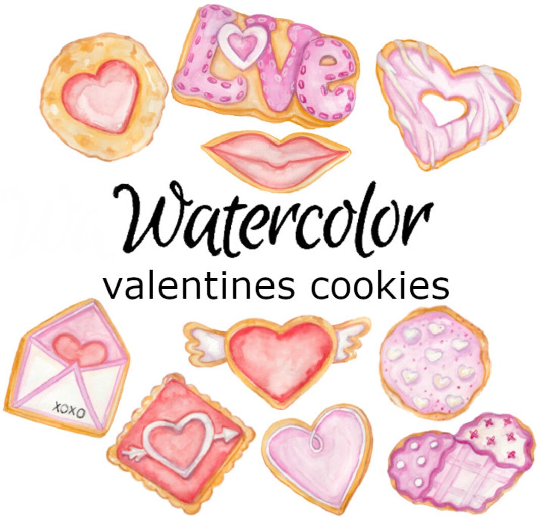 WATERCOLOR CLIPART, Valentines Cookies Pink Hearts Png Graphics ...