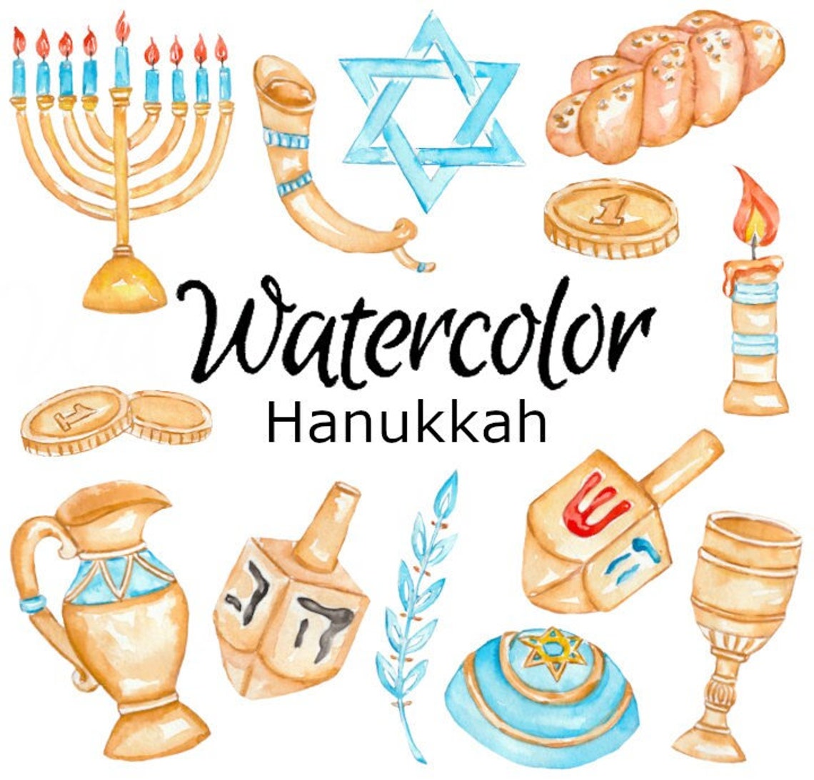 Watercolor Hanukkah Clipart Set: Hand-painted PNG Graphics - Etsy