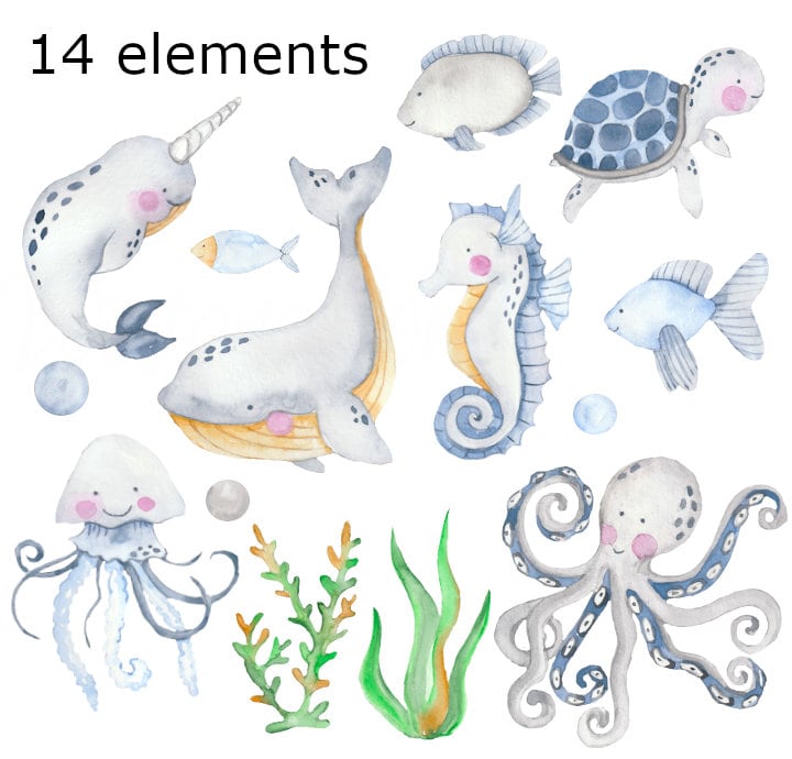 WATERCOLOR CLIPART Ocean Friends Clip Art Nature Scrapbooking | Etsy