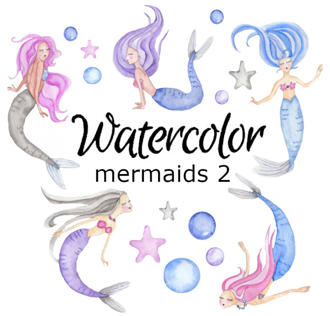 WATERCOLOR CLIPART, Art Mermaid Scrapbooking Birthday Png Graphics ...