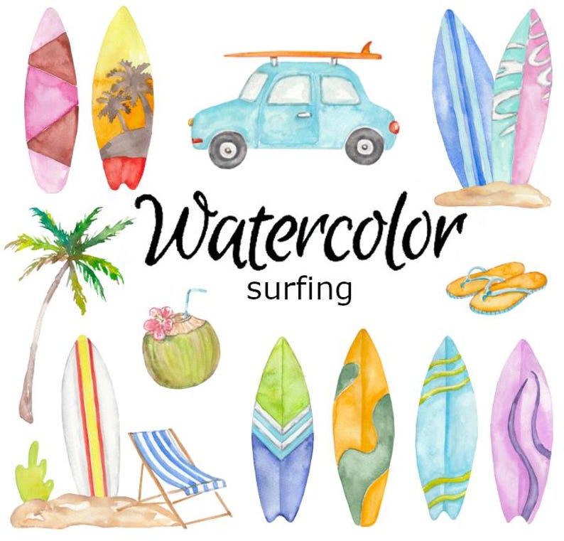 Watercolor Surfing Clipart Set: Beach & Surfboard Graphics (PNG) - Etsy