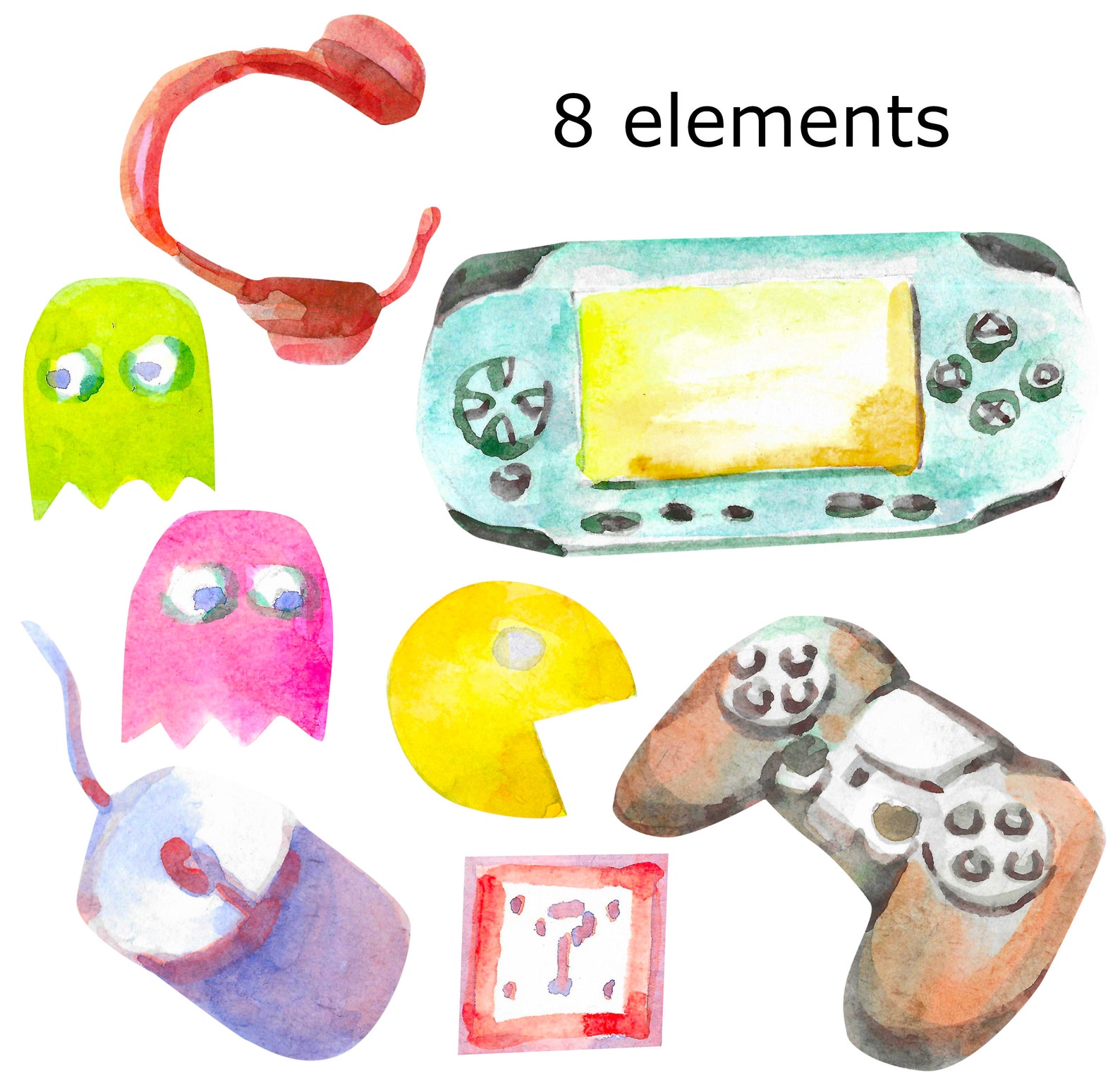 Watercolor Video Game Clipart: Retro Gaming Art (PNG) - Etsy