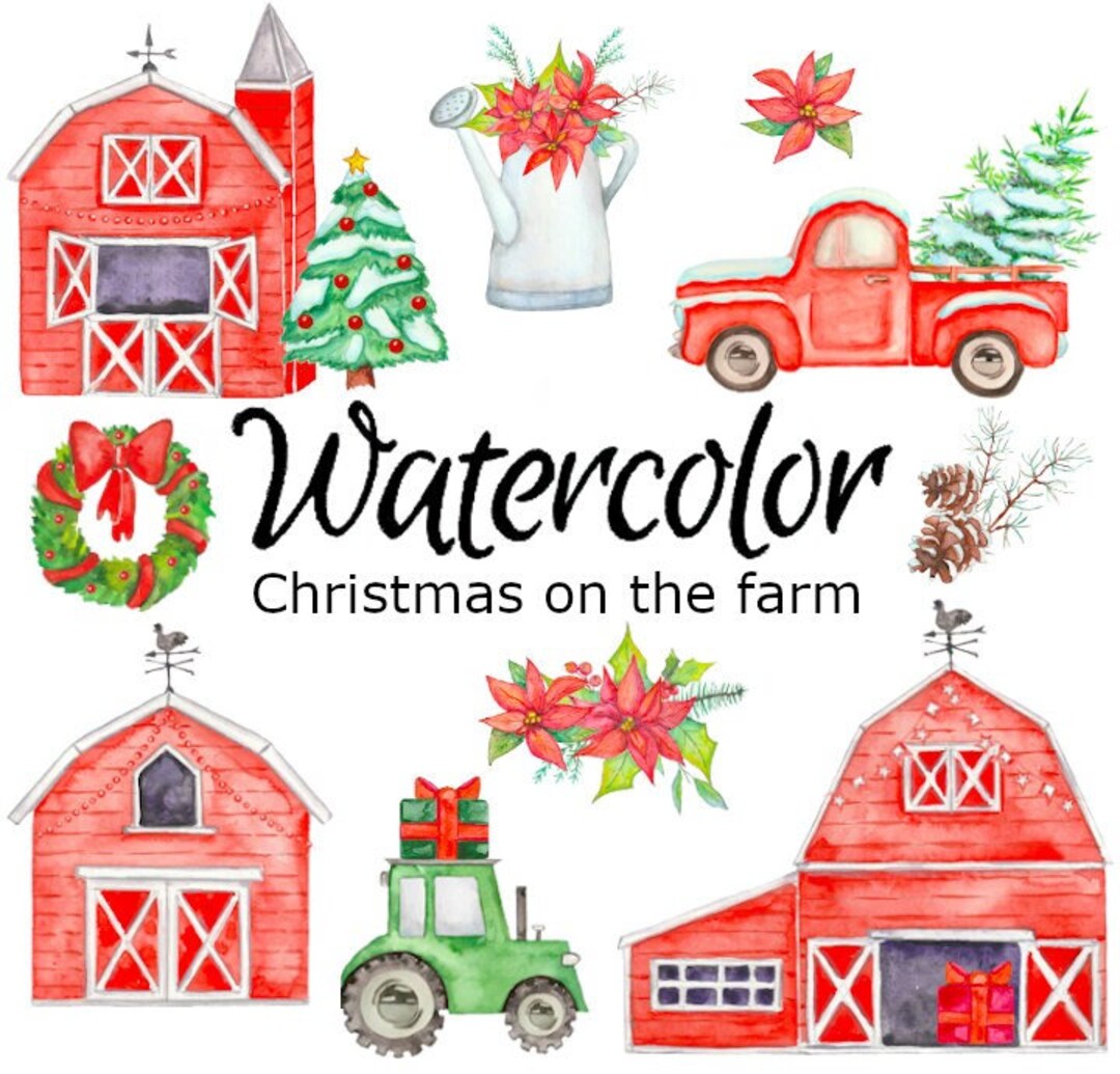 WATERCOLOR CLIPART, Christmas on the Farm Scrapbooking Png, Graphics ...