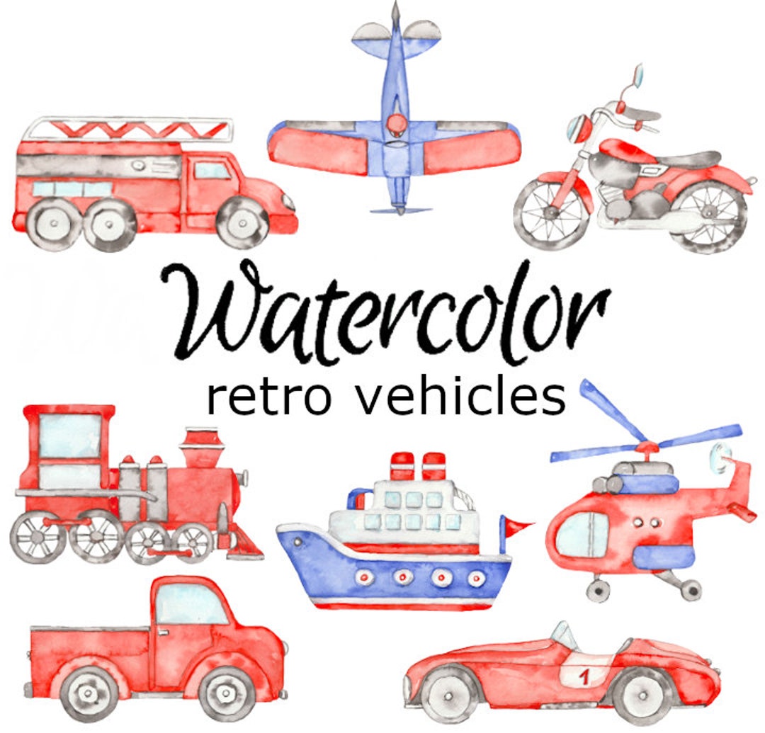 WATERCOLOR CLIPART, Retro Vehicles Art Scrapbooking Library Png ...