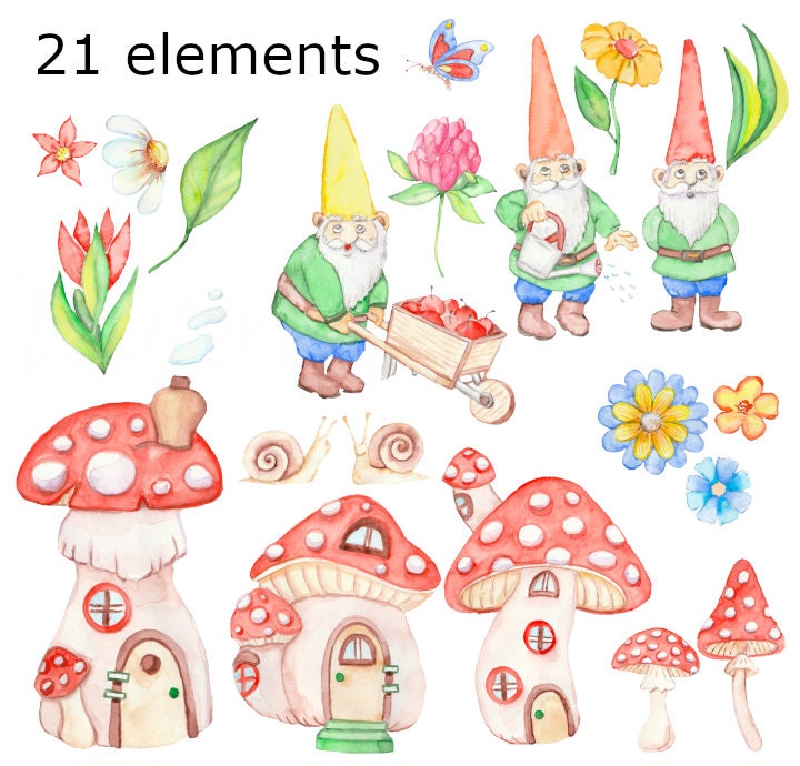 WATERCOLOR CLIPART Garden Gnomes Art Scrapbooking Png | Etsy