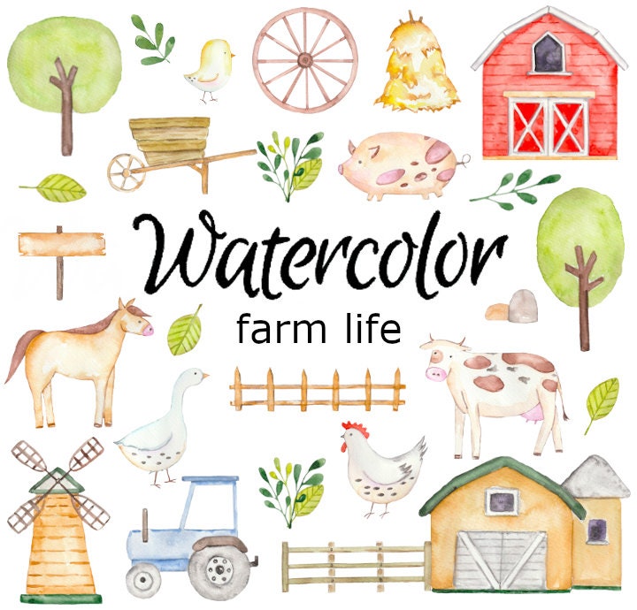 Watercolor Farm Animal Clipart: Barn, Cow, Pig (PNG) - Etsy
