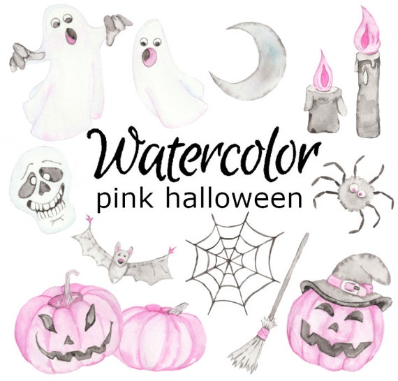 WATERCOLOR CLIPART pink halloween png graphics watercolour | Etsy