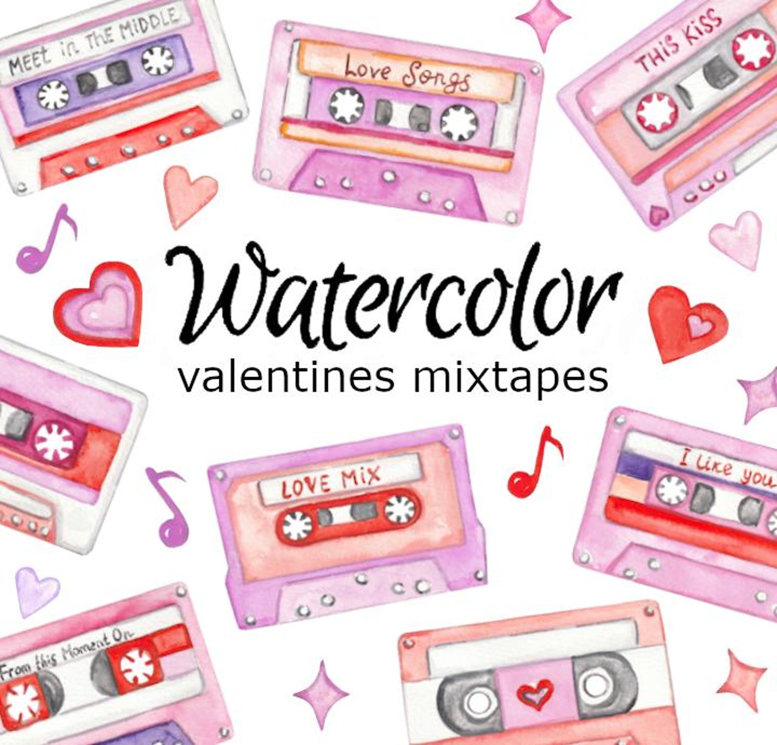 Watercolor Valentine's Mixtape Clipart: Scrapbooking PNG Graphics - Etsy
