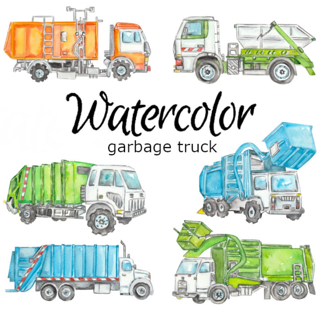 WATERCOLOR CLIPART, Garbage Truck Vehicles Art Scrapbooking Library Png ...