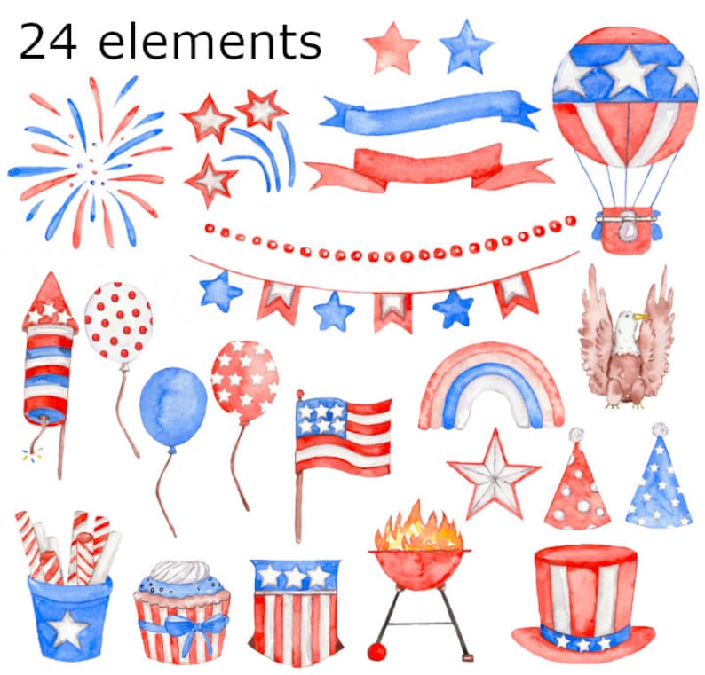 Watercolor 4th of July Clipart: Patriotic PNG Graphics (digital ...