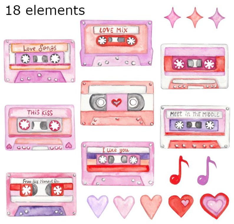 Watercolor Valentine's Mixtape Clipart: Scrapbooking PNG Graphics - Etsy