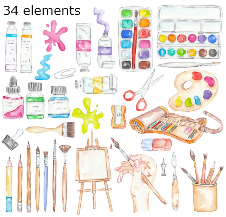 Watercolor Clipart Set: Hand-painted Art Supplies (PNG) - Etsy