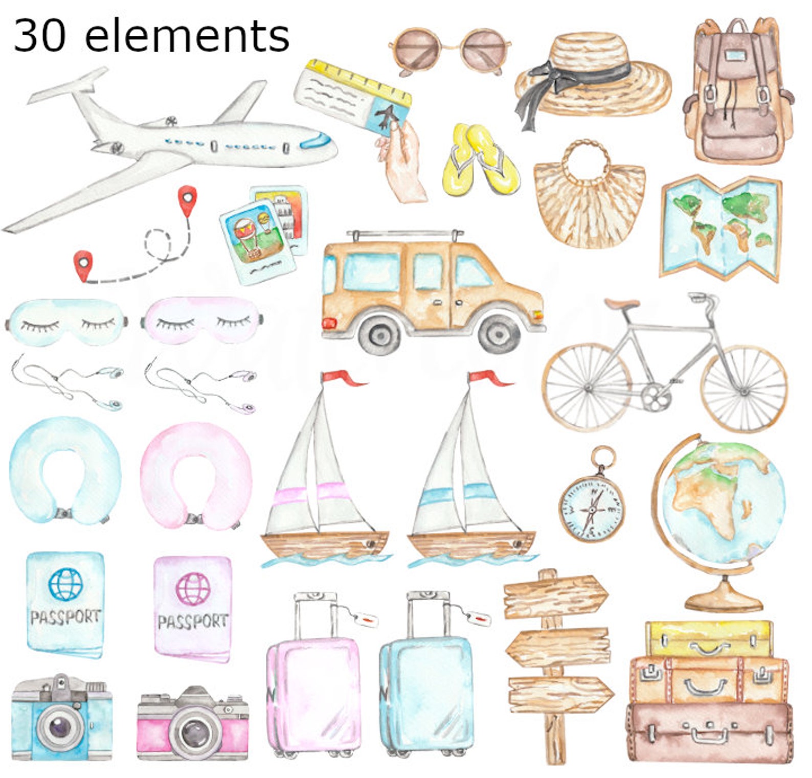 WATERCOLOR CLIPART, Travel Clip Art Travel Scrapbooking Ocean ...