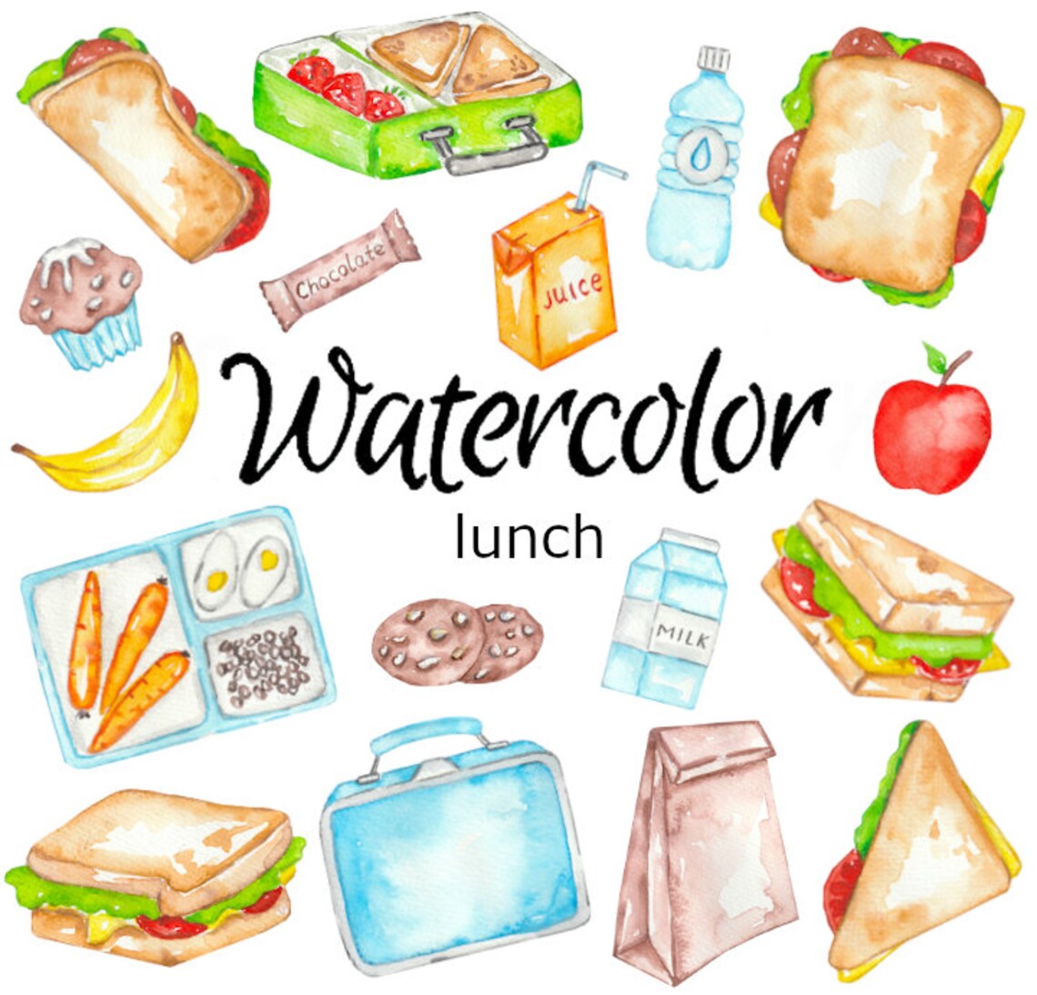 Watercolor Lunch Clipart: School Food Illustrations (PNG) - Etsy