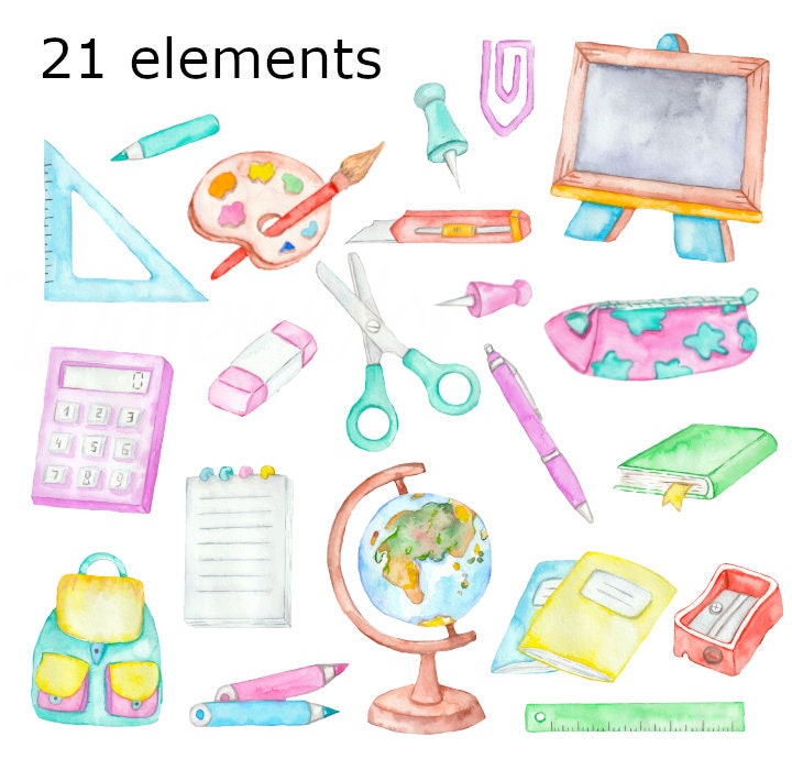 Watercolor Back to School Clipart: Hand-painted PNG Graphics - Etsy