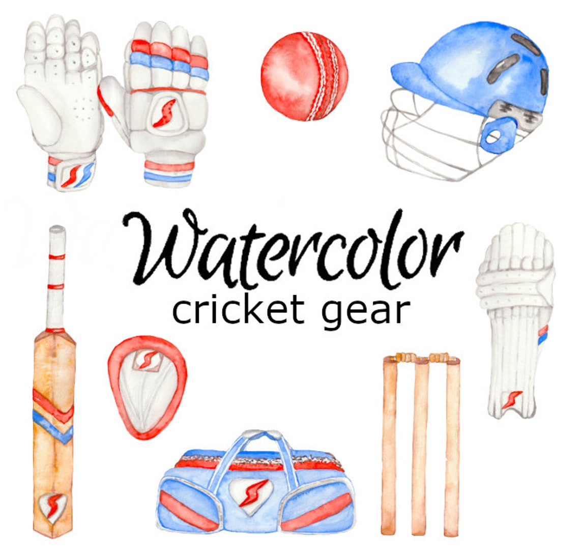 WATERCOLOR CLIPART Cricket Gear Sport Art Ball Scrapbooking Png ...