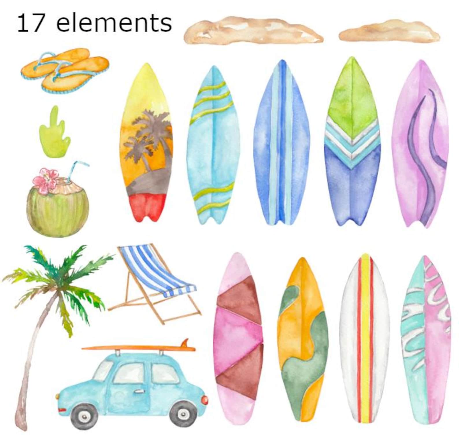 Watercolor Surfing Clipart Set: Beach & Surfboard Graphics (PNG) - Etsy