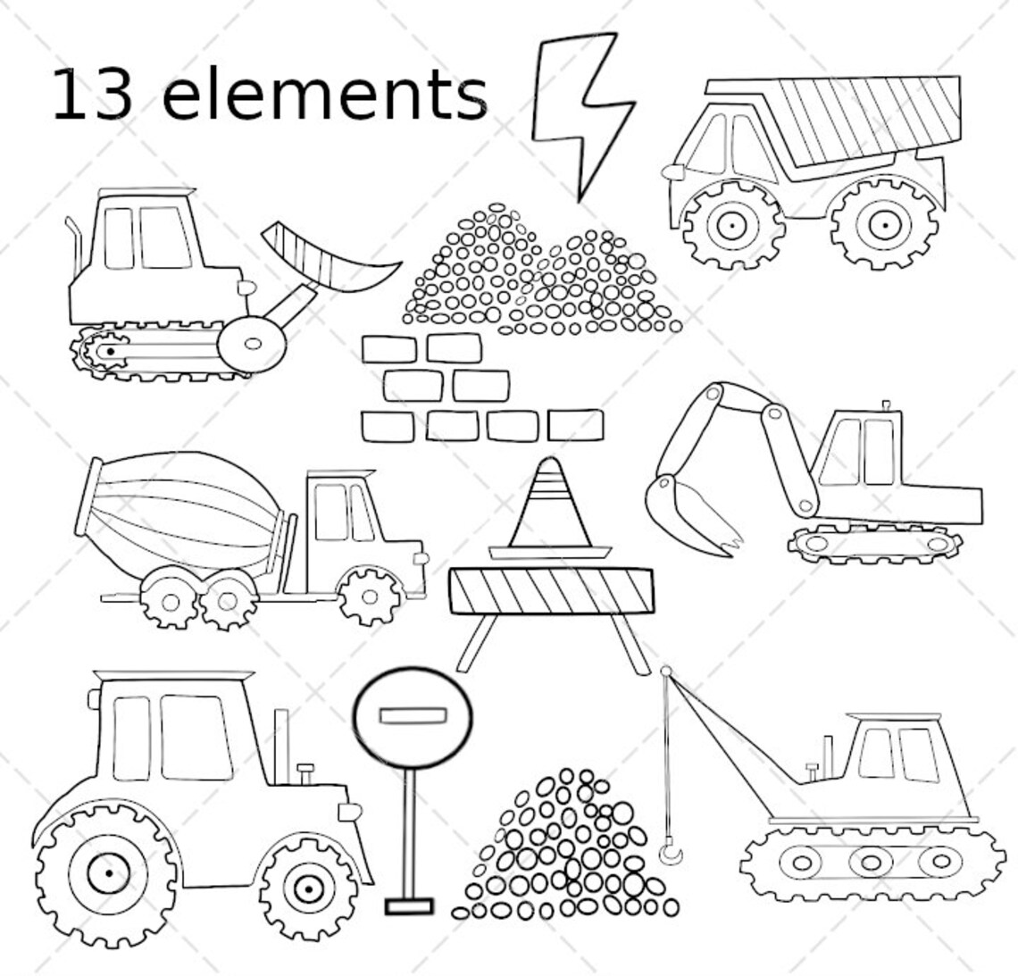 Construction Site Digital Stamp Clipart: Truck, Tractor, Vehicle (PNG ...