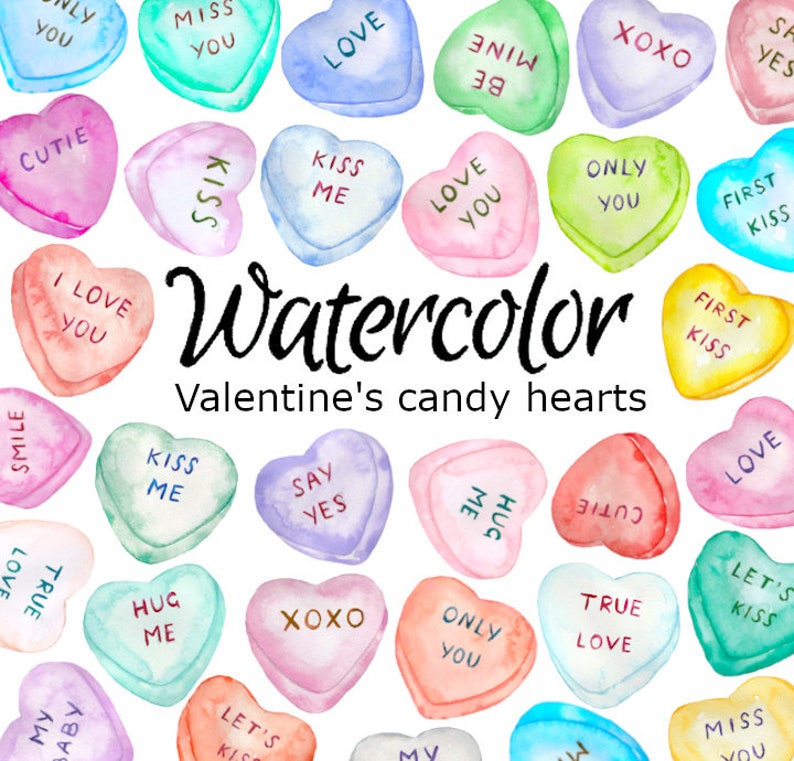 WATERCOLOR CLIPART Valentine's Candy Hearts Scrapbooking - Etsy