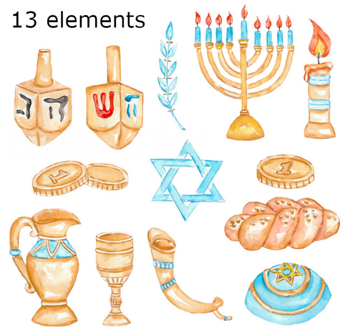 Watercolor Hanukkah Clipart Set: Hand-painted PNG Graphics - Etsy