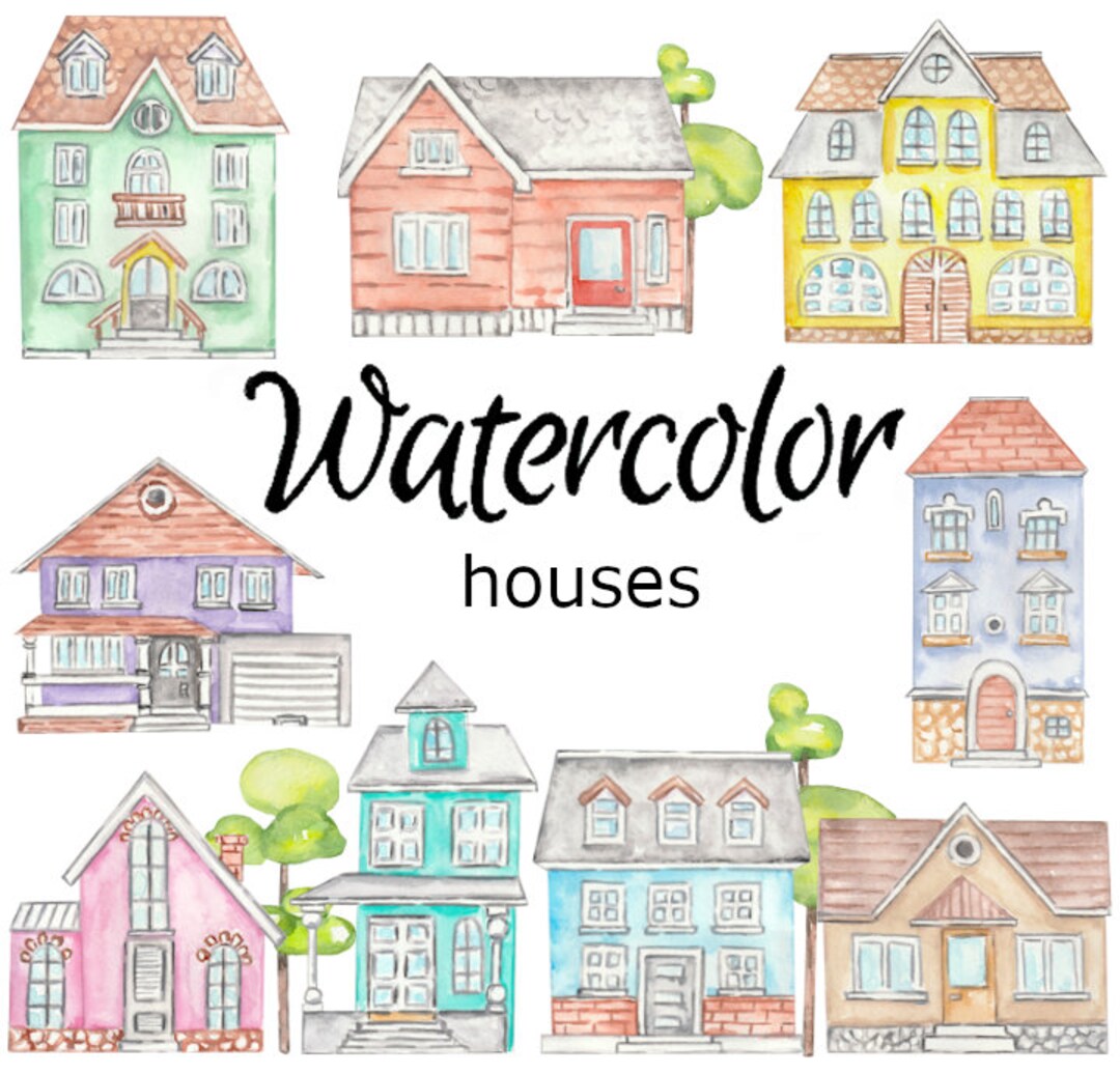 Watercolor Houses Clipart: Garden Art, Scrapbooking Graphics (PNG) - Etsy