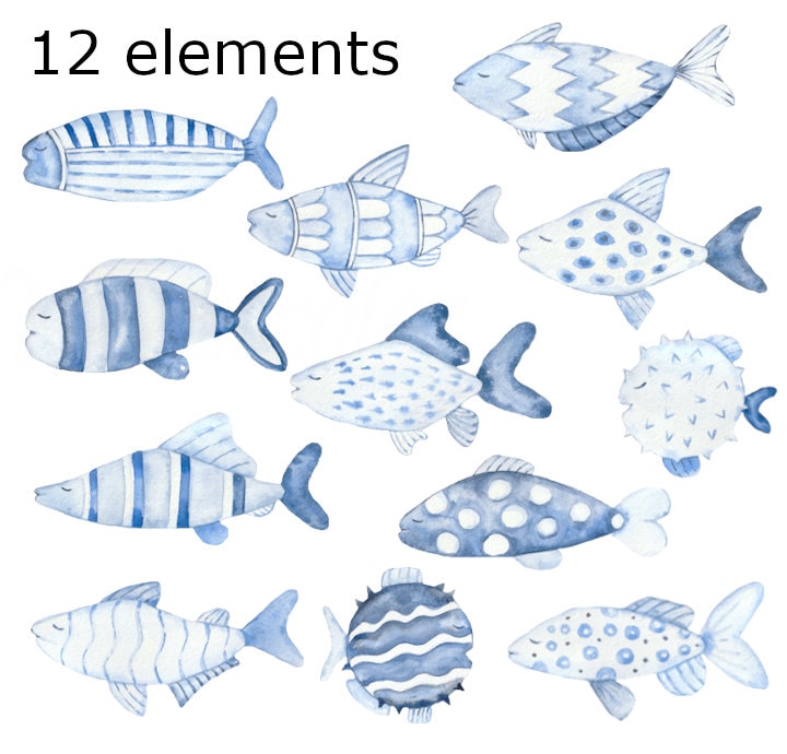 Blue Fish Watercolor Clipart: Ocean Animals PNG (digital Download) - Etsy