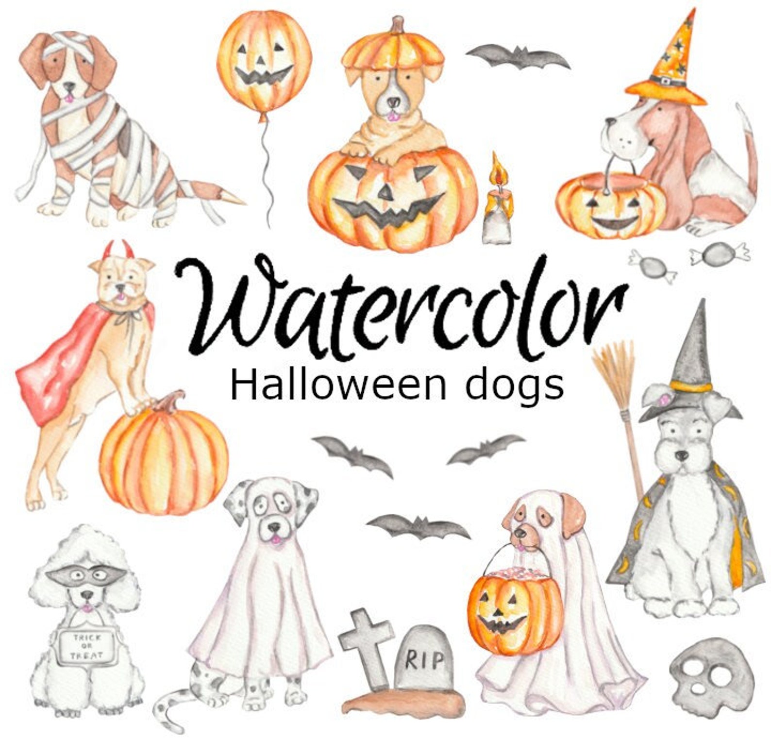 Watercolor Halloween Dog Clipart: Pumpkin PNG Graphics (digital ...