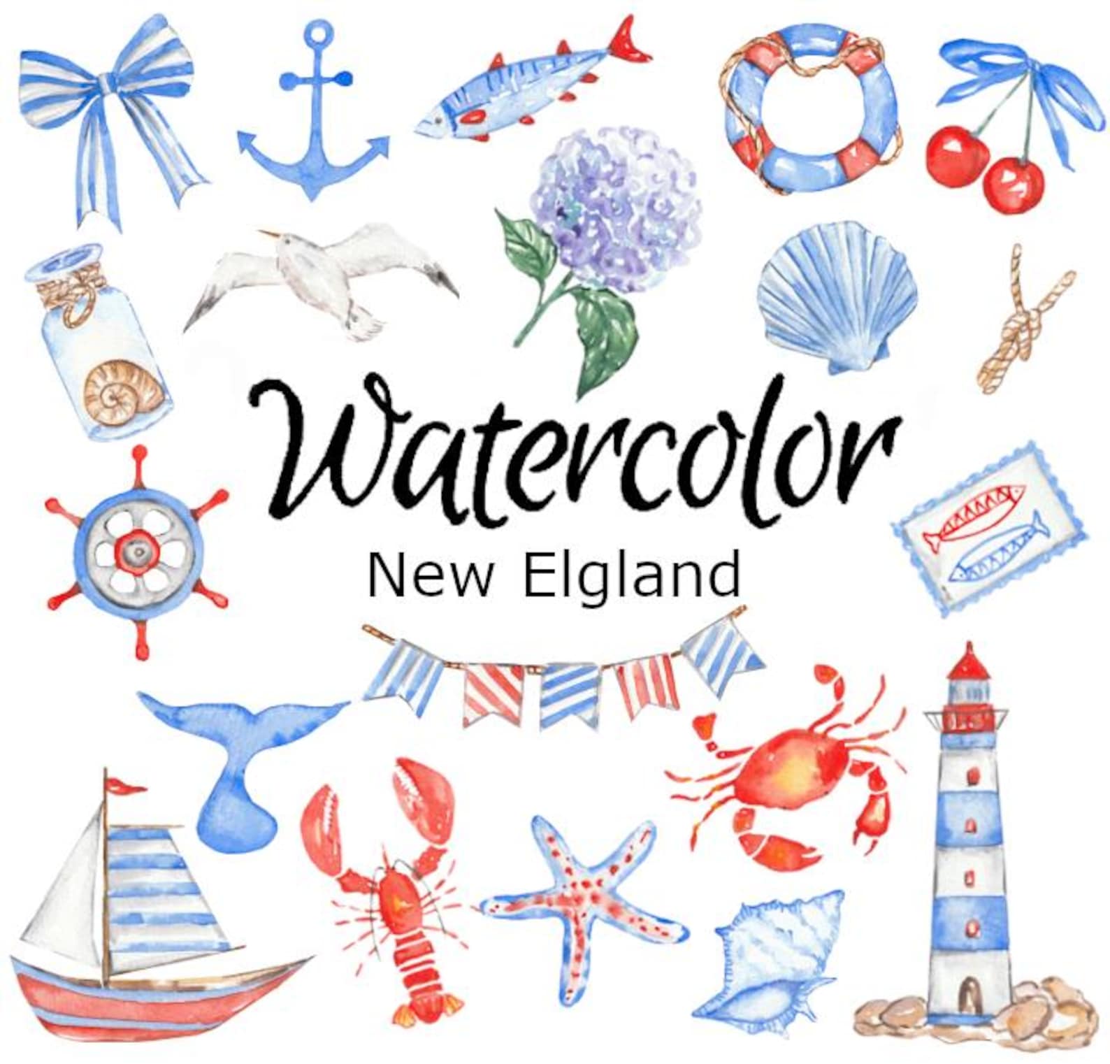 Watercolor New England Beach Clipart: Ocean Travel Graphics (PNG) - Etsy