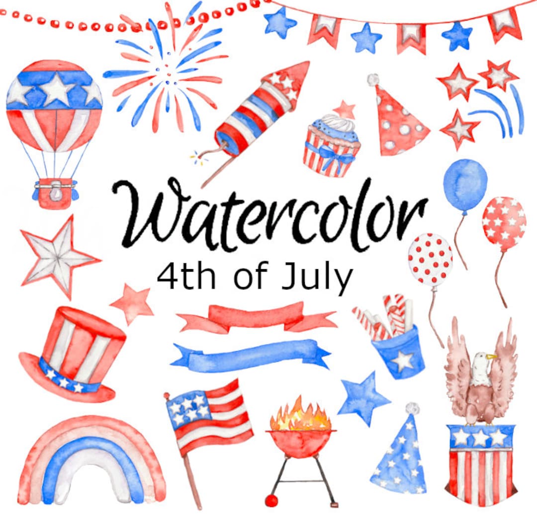 Watercolor 4th of July Clipart: Patriotic PNG Graphics (digital ...