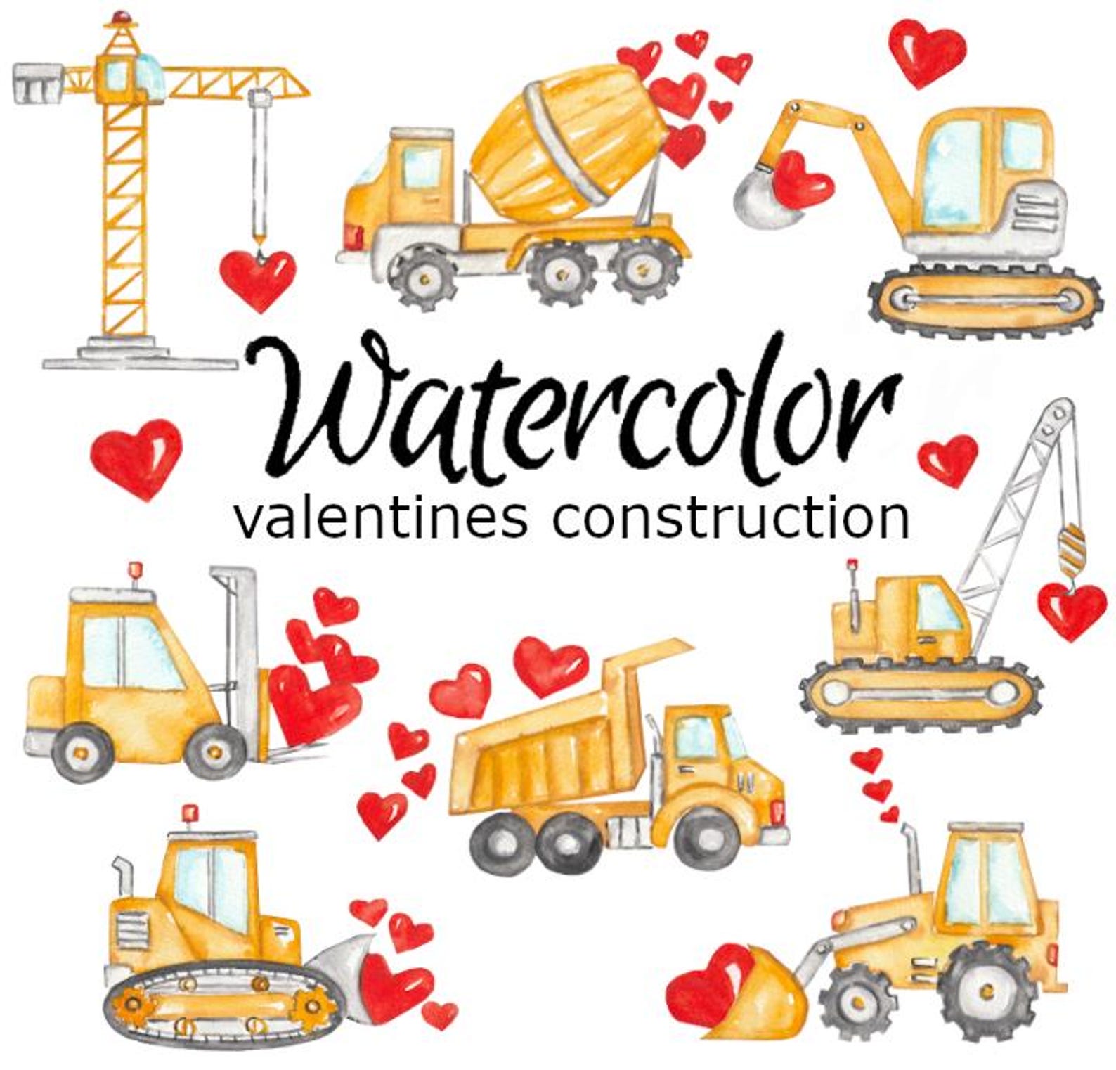 Watercolor Valentine Construction Vehicles Clipart: Hearts, Mail ...