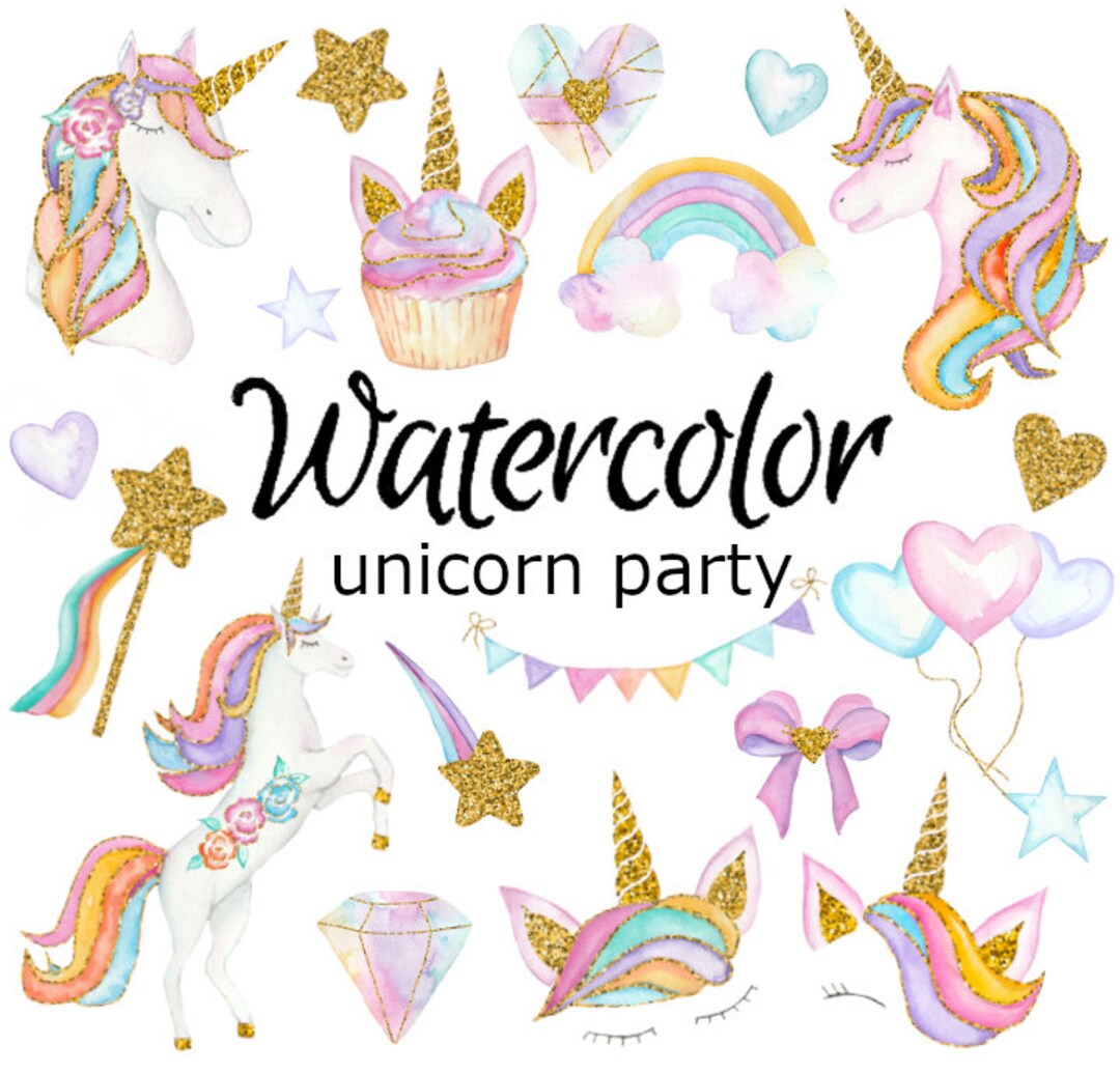Watercolor Unicorn Clipart Set: Party Scrapbooking Graphics (PNG) - Etsy