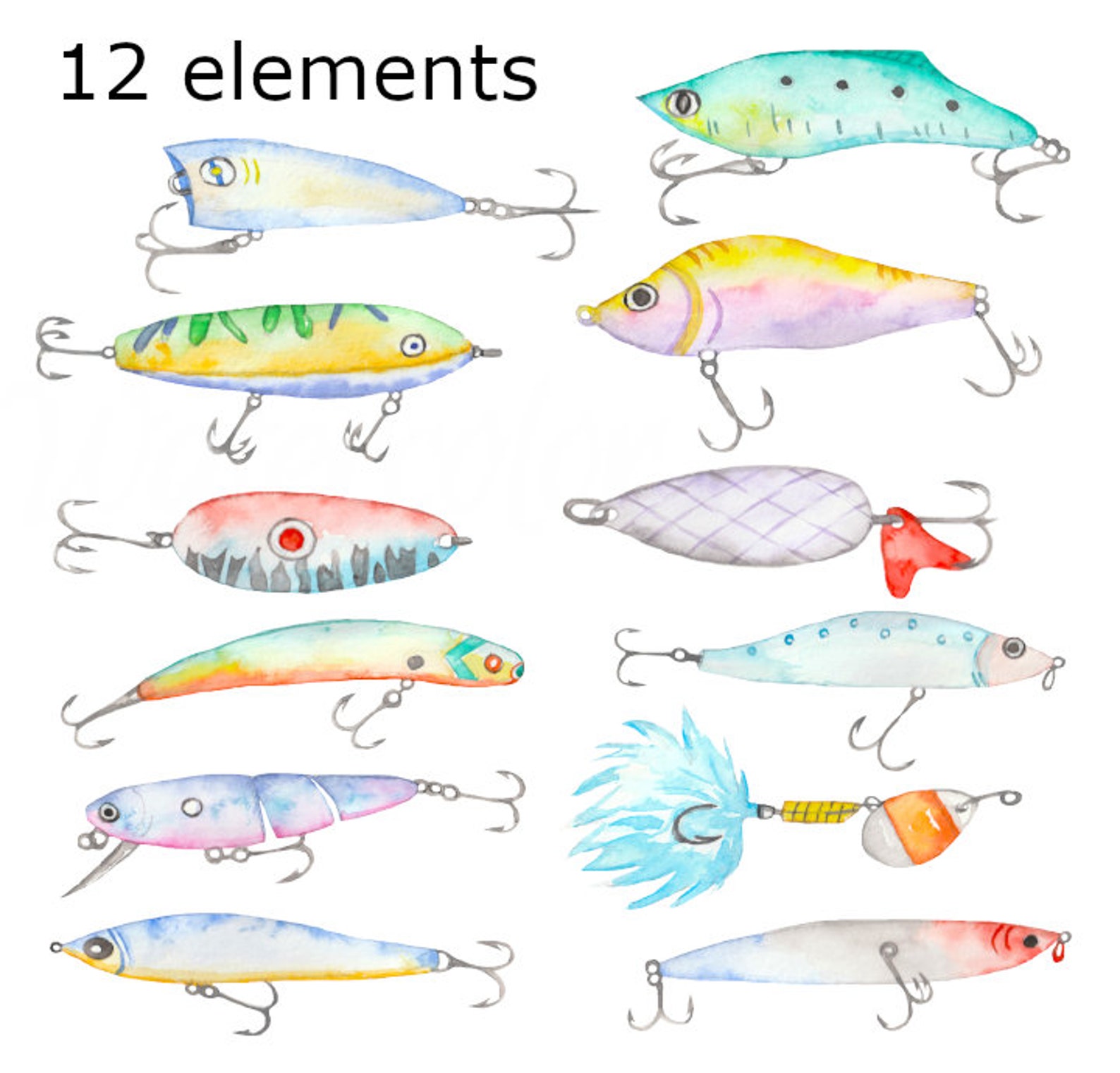 WATERCOLOR CLIPART Fishing Lures Clip Art Scrapbooking Ocean - Etsy