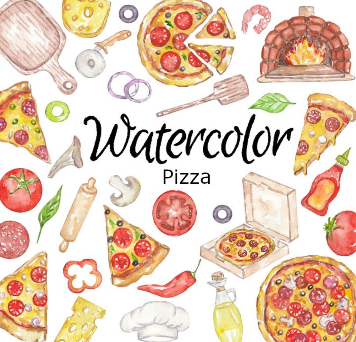 Watercolor Pizza Clipart: Italian Food PNG Graphics - Etsy
