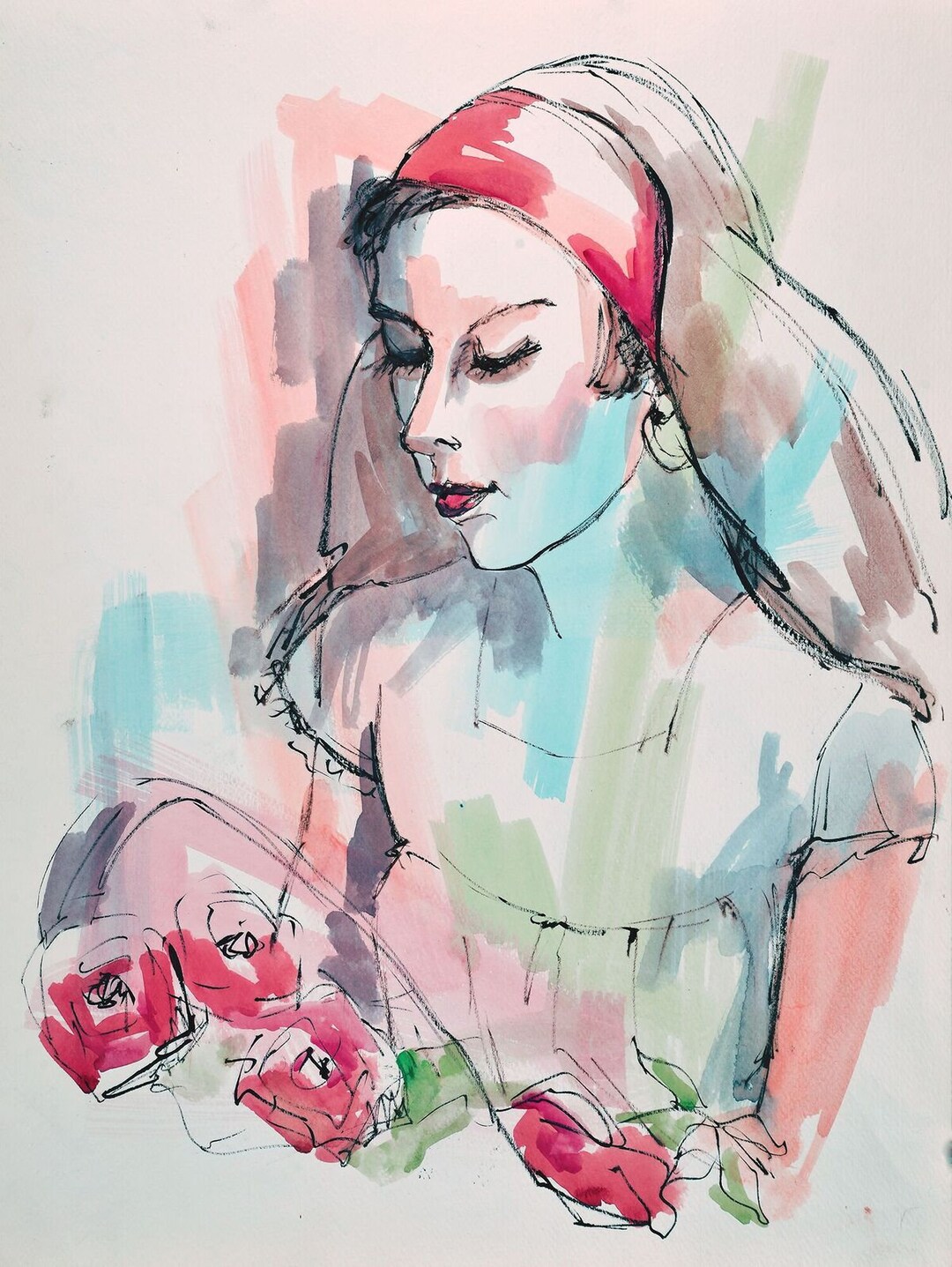 Woman With Roses, Smell the Roses, Floral Portrait, Peaceful Art ...