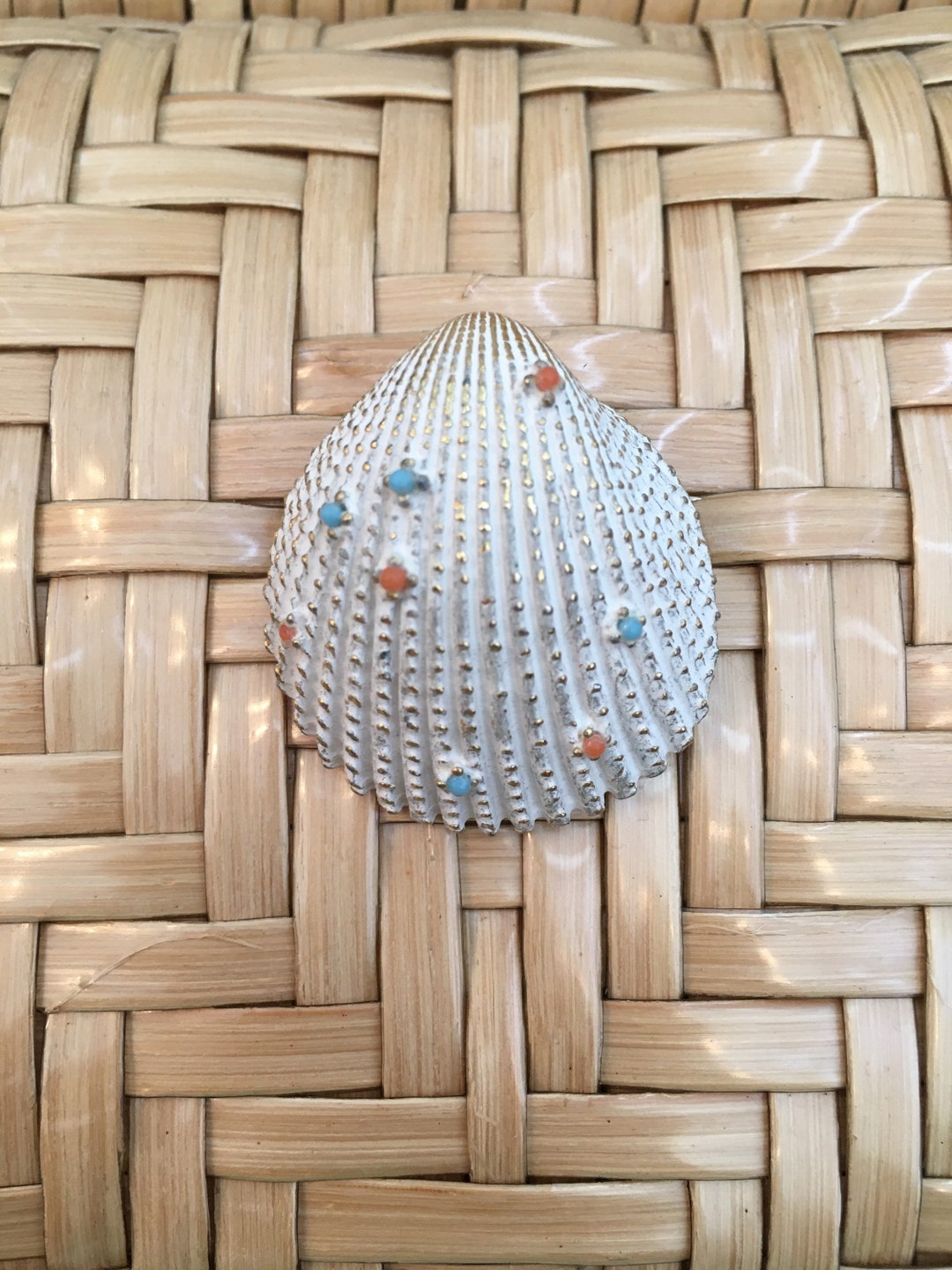 Vintage Shell Pin With Faux Coral and Turquoise Cabochons - Etsy