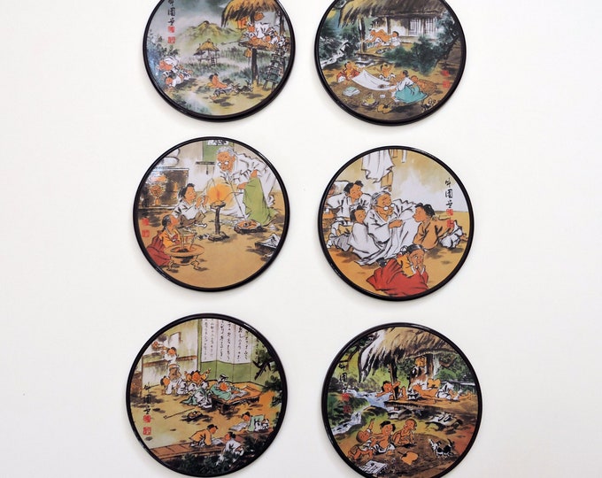 Korean Coasters Genre Painting Woowon Humorous Scenes of Korea Set of 6 ...
