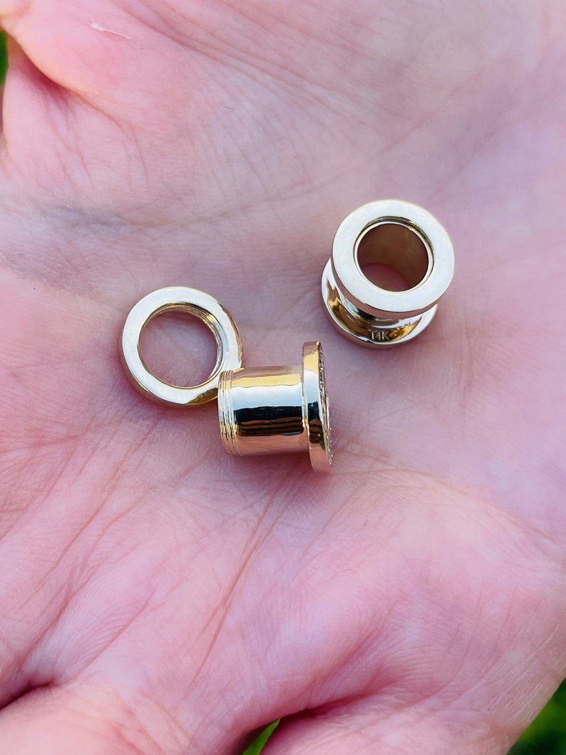 14k Solid Gold Gauges Ear Plugs Double Flared Screw Fit Flesh Tunnels ...
