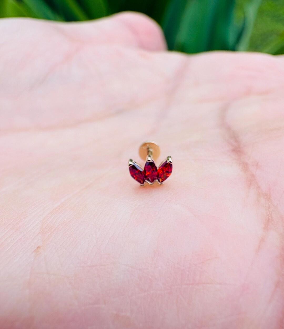 Push in Lotus Stud Rook Helix Tragus 3 Red Genuine Sapphires 14K Yellow ...