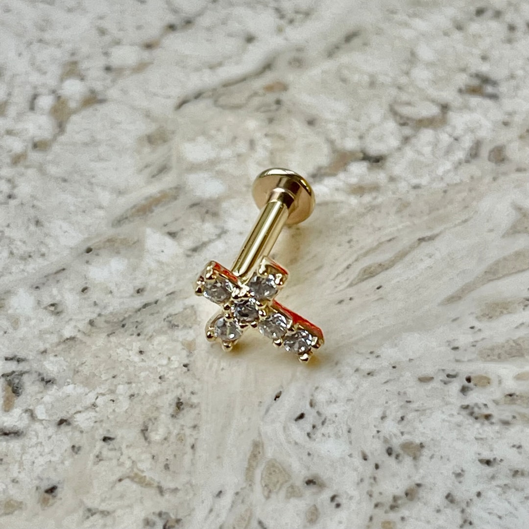 Push in Threadless Labret Ear Stud Cross Designed Natural Diamonds 14K ...